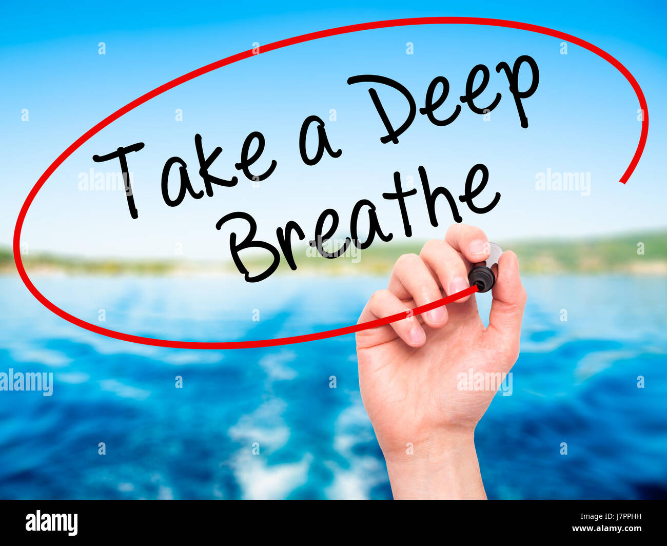 Man Hand writing Take a Deep Breathe with black marker on visual screen ...