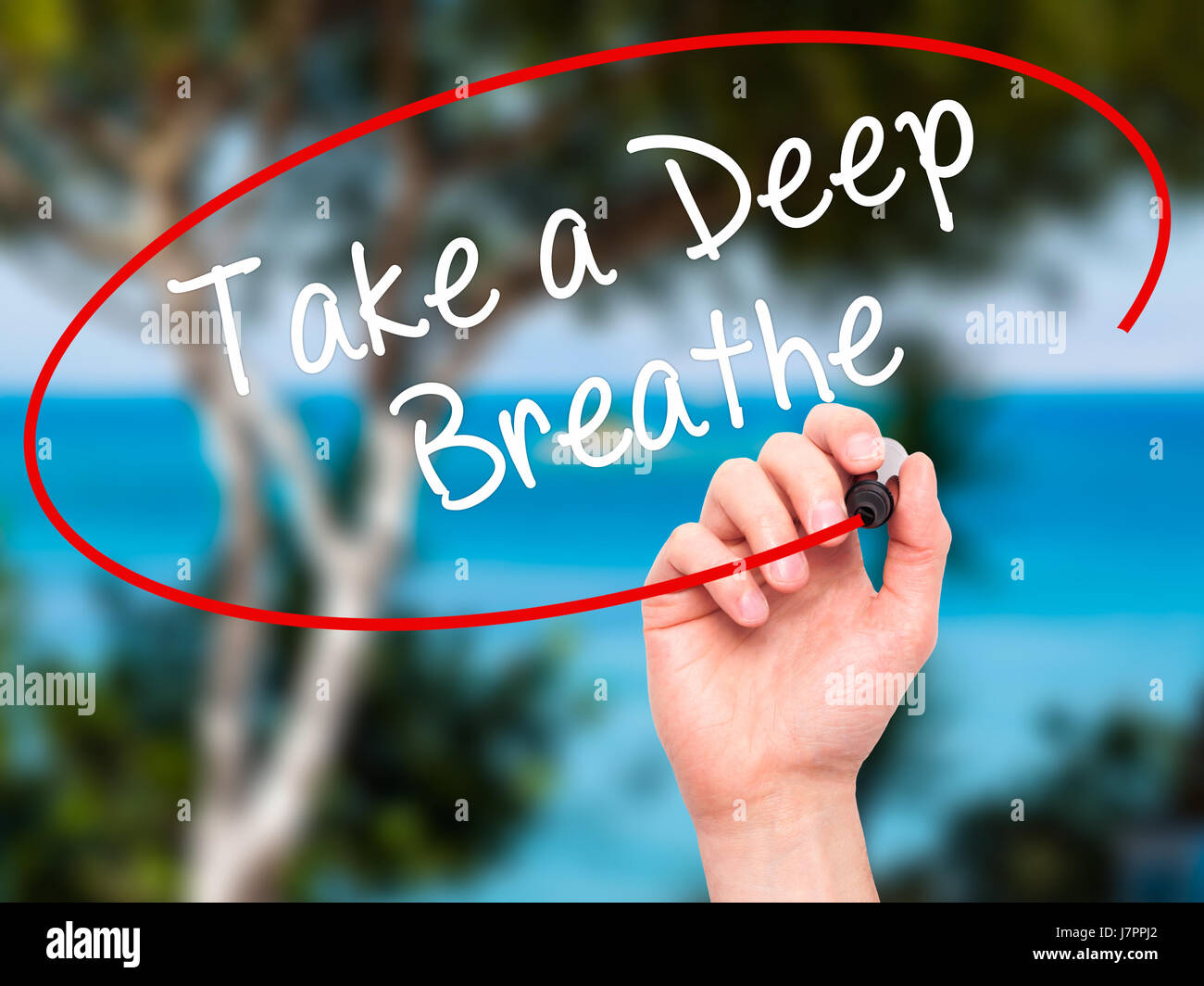 Man Hand writing Take a Deep Breathe with black marker on visual screen ...