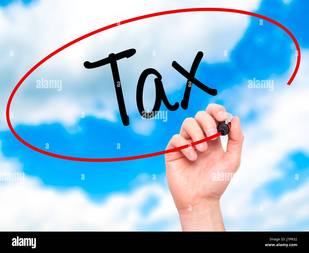 Man Hand writing Tax with black marker on visual screen. Isolated on ...