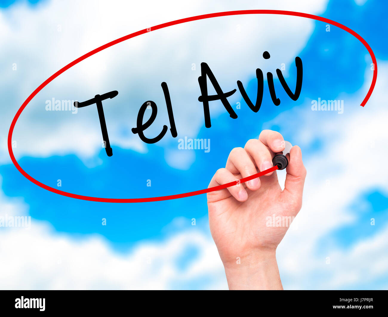 Man Hand writing Tel Aviv with black marker on visual screen. Isolated ...
