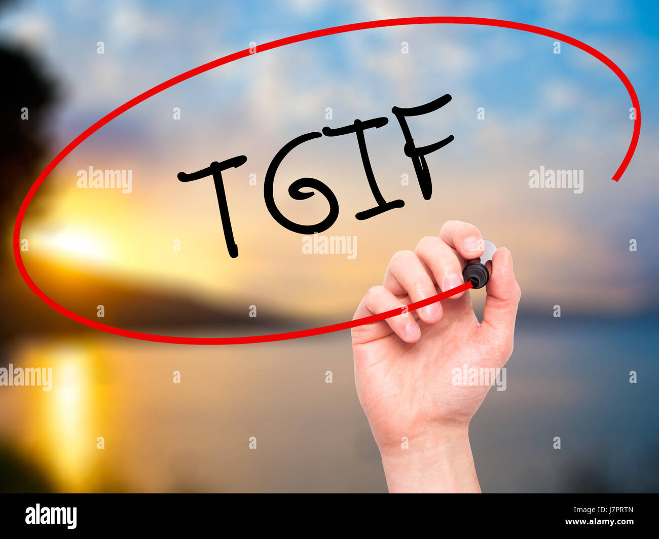 Man Hand writing TGIF with black marker on visual screen. Isolated on ...