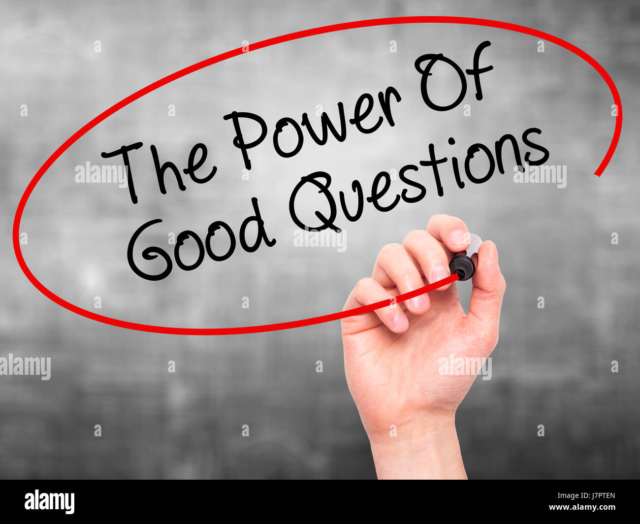 Man Hand writing The Power Of Good Questions with black marker on ...