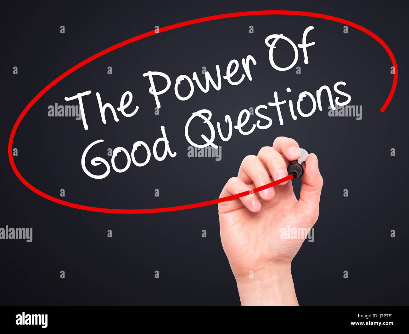 Man Hand writing The Power Of Good Questions with black marker on ...