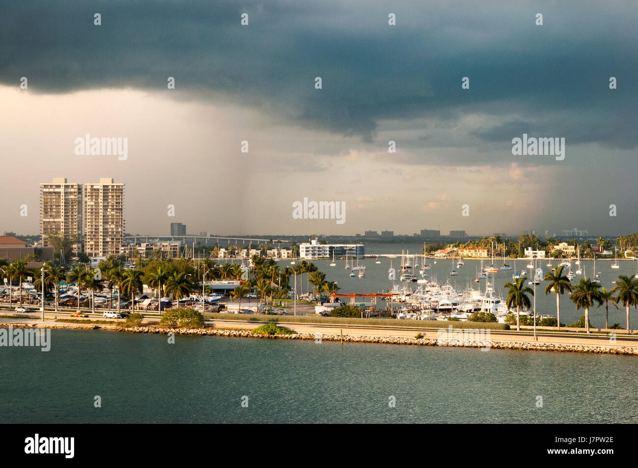 The view at dusk of a rainy sky over MacArthur Causeway in Miami ...