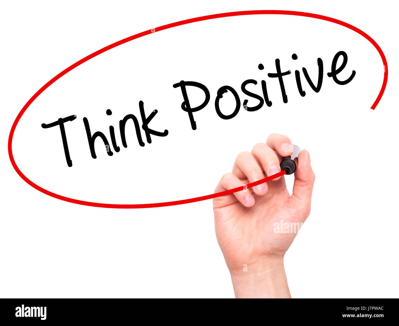 Man Hand writing Think Positive with black marker on visual screen ...