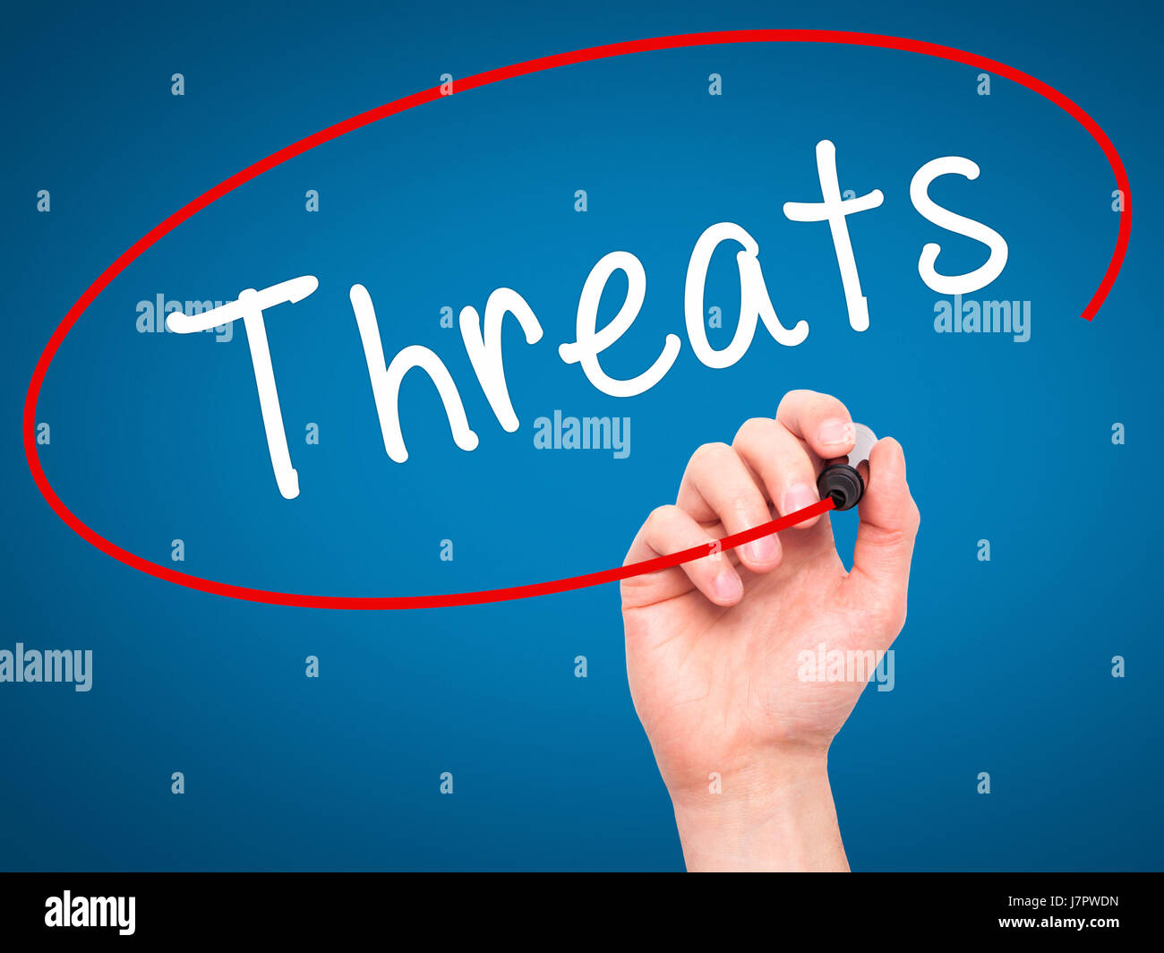 Man Hand writing Threats with black marker on visual screen. Isolated ...