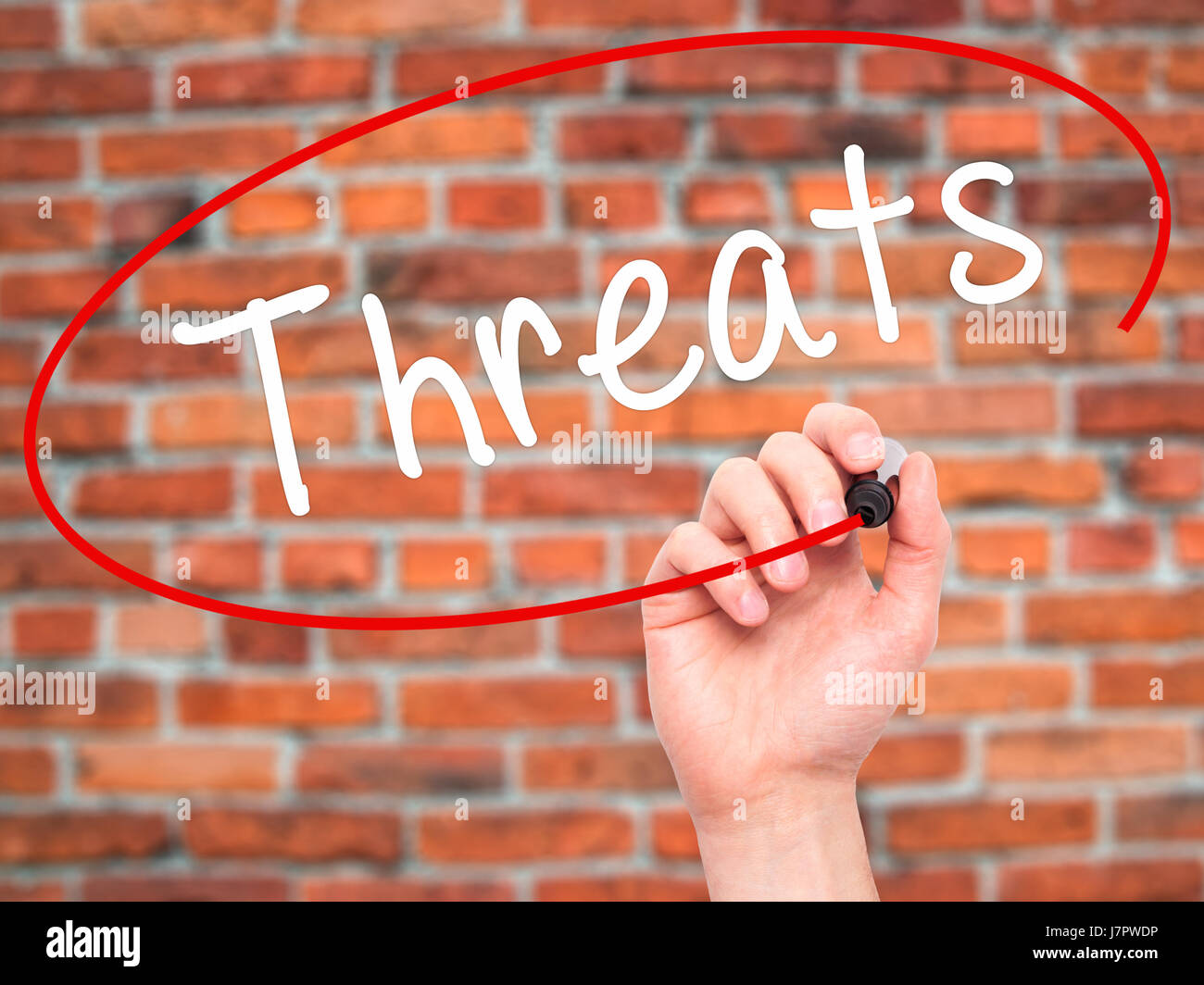 Man Hand writing Threats with black marker on visual screen. Isolated ...