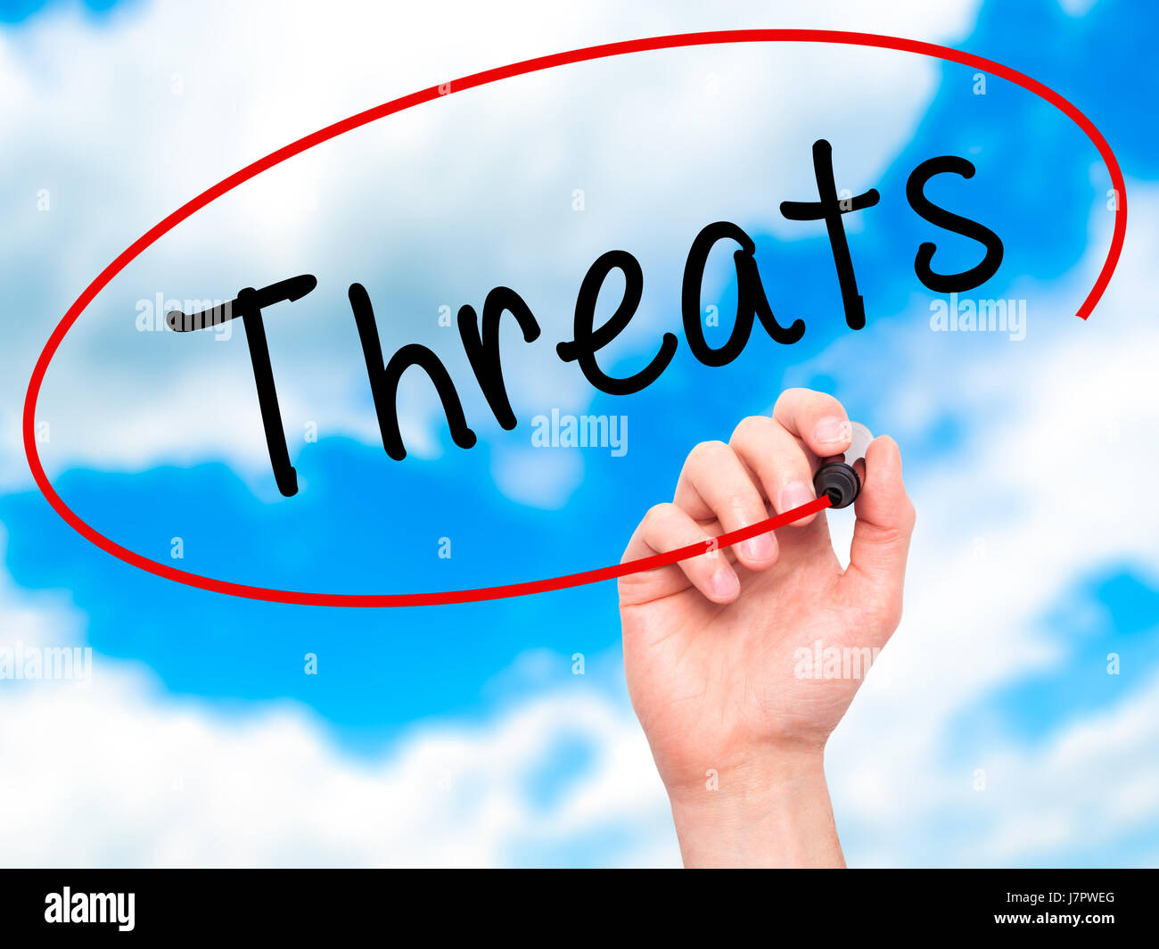 Man Hand writing Threats with black marker on visual screen. Isolated ...