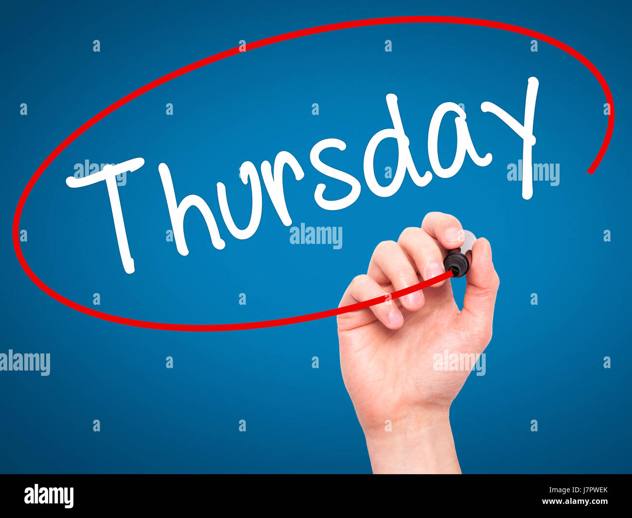 Man Hand writing Thursday with black marker on visual screen. Isolated ...