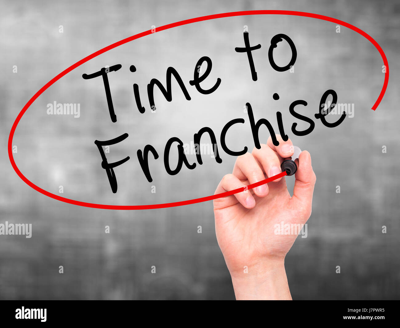 Man Hand writing Time to Franchise with black marker on visual screen ...