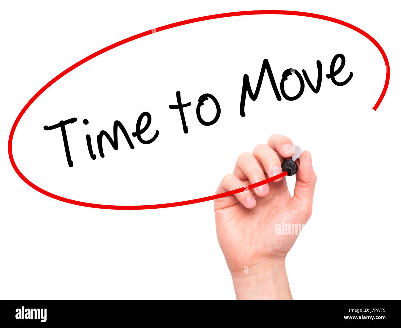 Man Hand writing Time to Move with black marker on visual screen ...