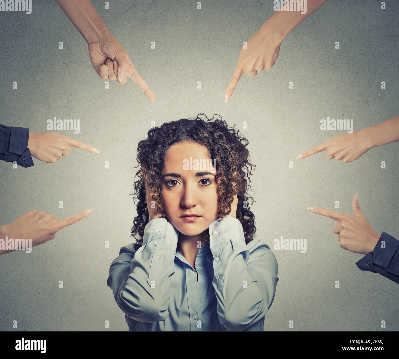 Concept of accusation of guilty businesswoman many fingers pointing at ...