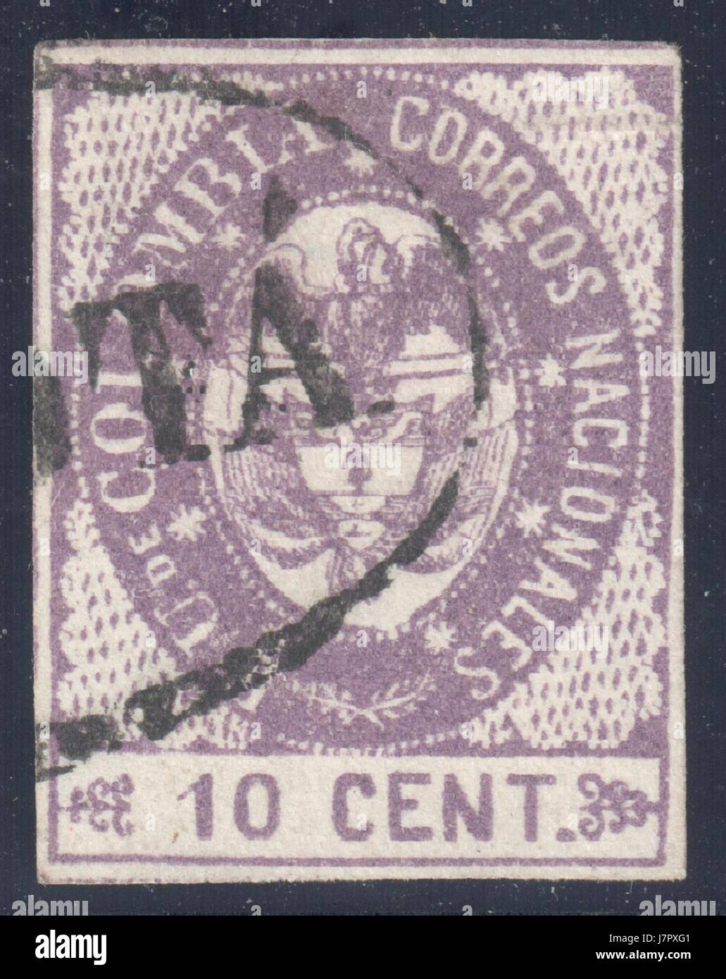 Stamp from Colombia, issued in 1865, cataloged as Scott #386, depicting ...