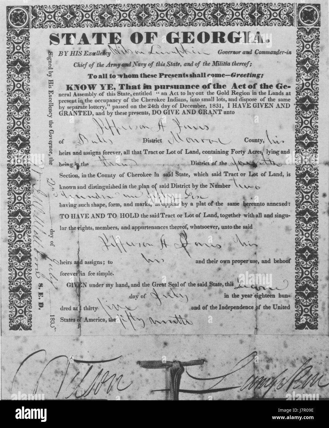 The Cherokee Lottery Land Deed refers to the land distribution process ...