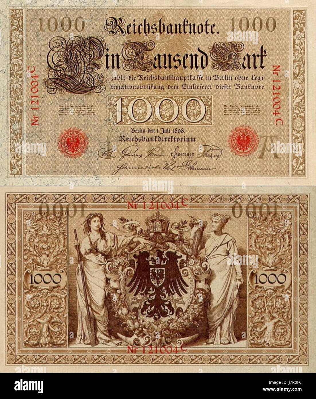 Banknote of 1000 Mark from July 1, 1898, featuring historical designs ...