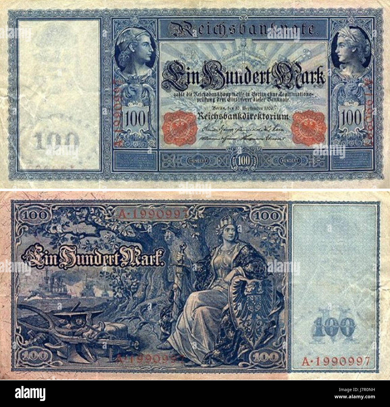 This is an image of a 100 Mark banknote from 1909, showcasing the ...