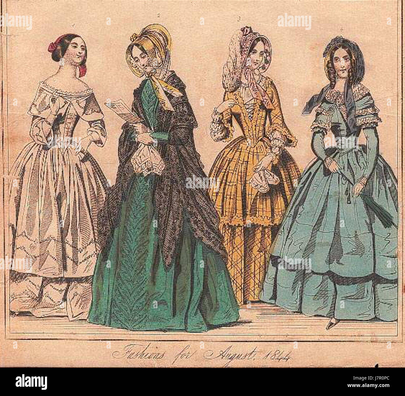 A fashion plate from 1844 showcasing period clothing and attire. The ...