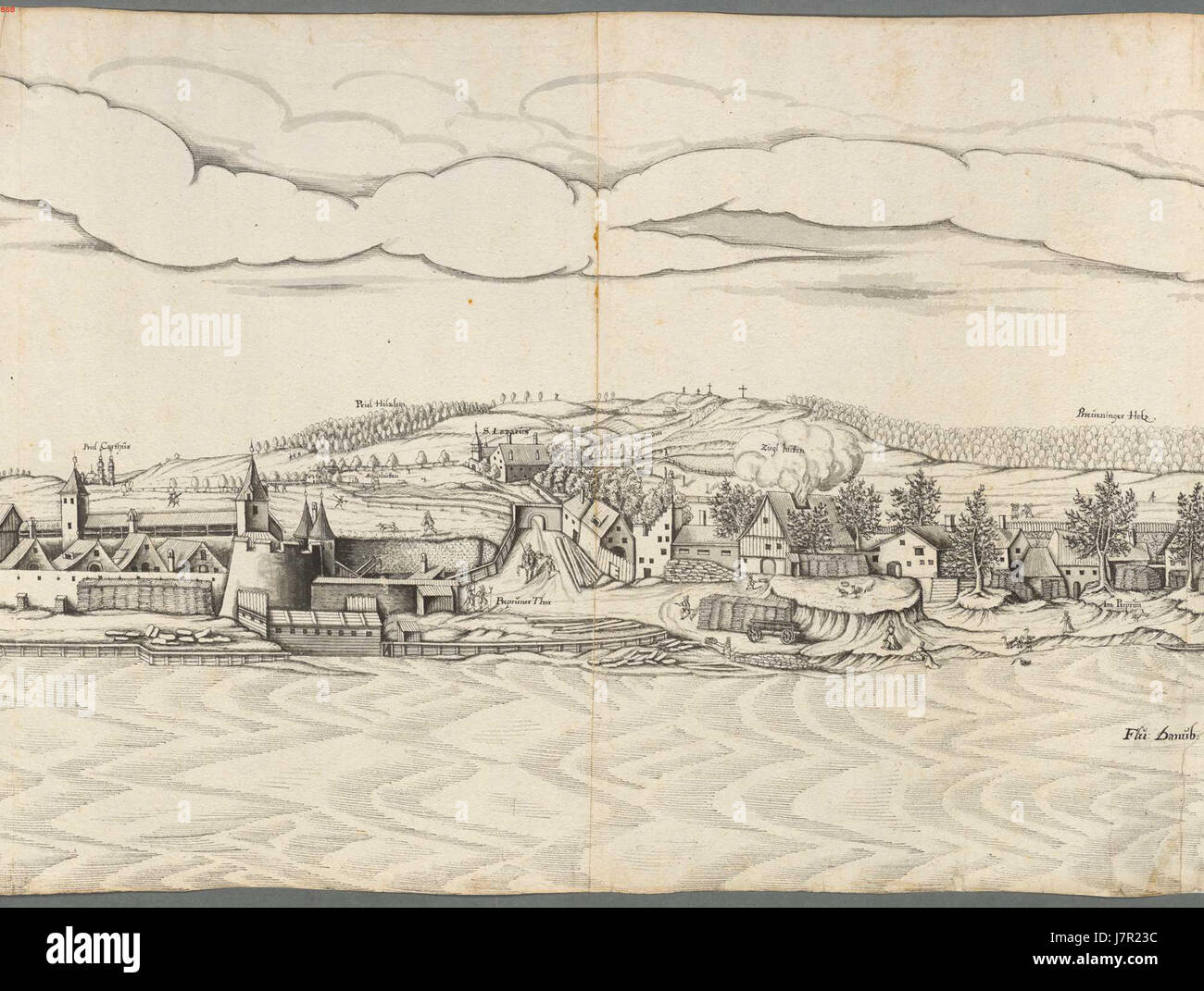 A historical map illustrating the city of Regensburg, Germany, from the ...