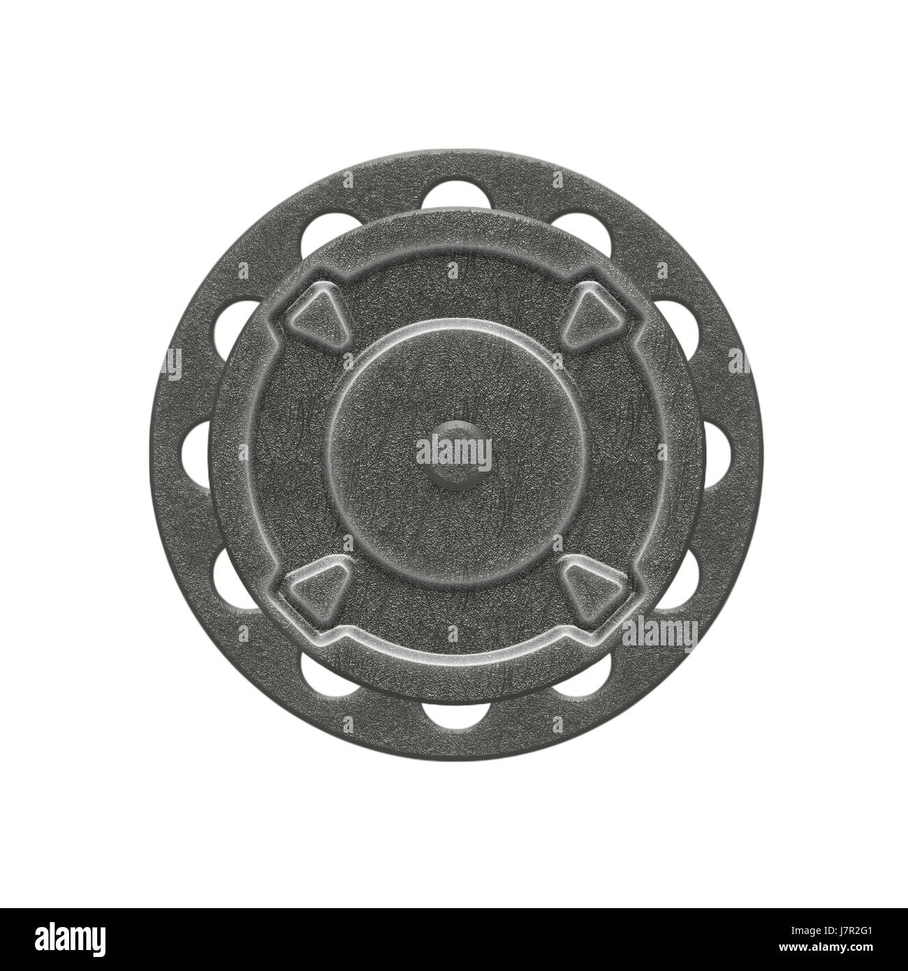 Circular metalic industrial parts. Two wheels attached together with a ...