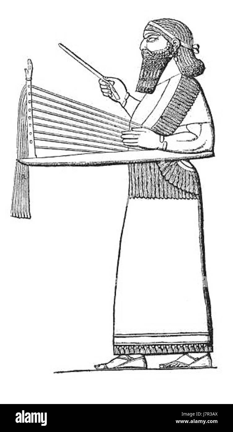 This image depicts an Assyrian harp, a musical instrument dating back ...