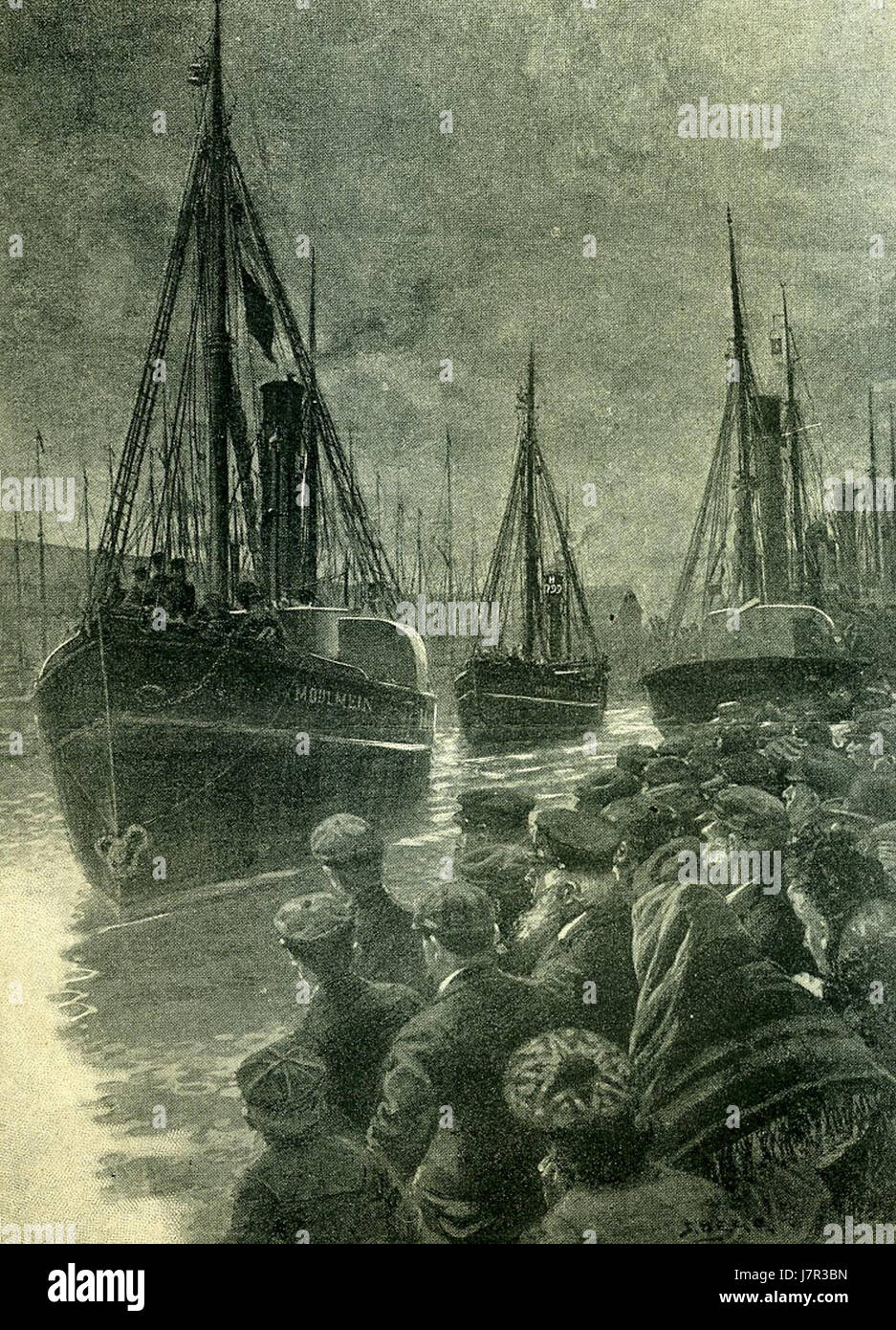 A historical image or depiction of a ship's arrival in Hull, a city in ...