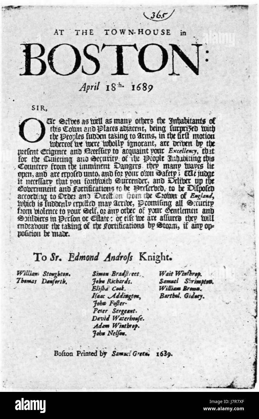 A historical document detailing the demand for the surrender of Sir Edmund Andros, former ...