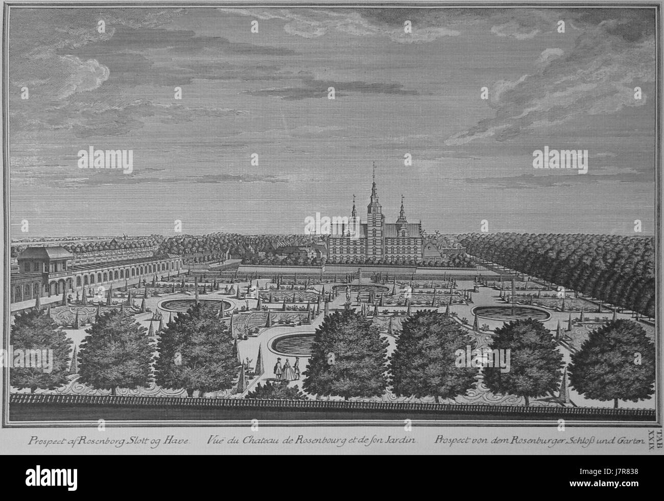 A depiction of Rosenborg Castle and its gardens in Copenhagen, Denmark ...