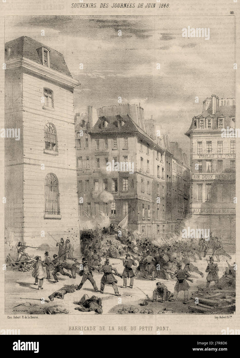A depiction of the barricade on Rue du Petit Pont during the 1848 Paris ...