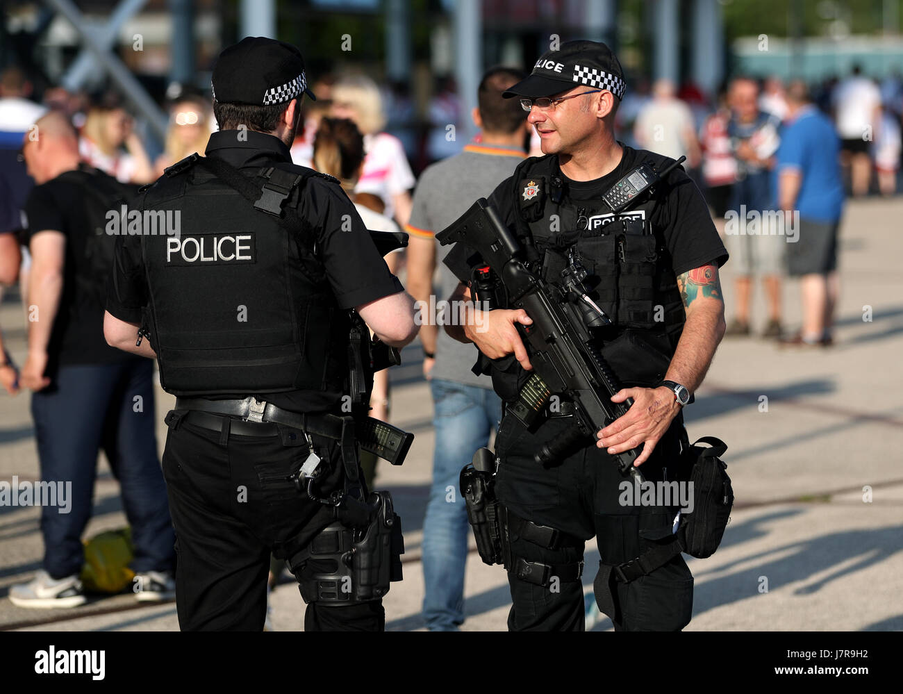 Armed Police on patrol outside the Totally Wicked Stadium, St Helens ...