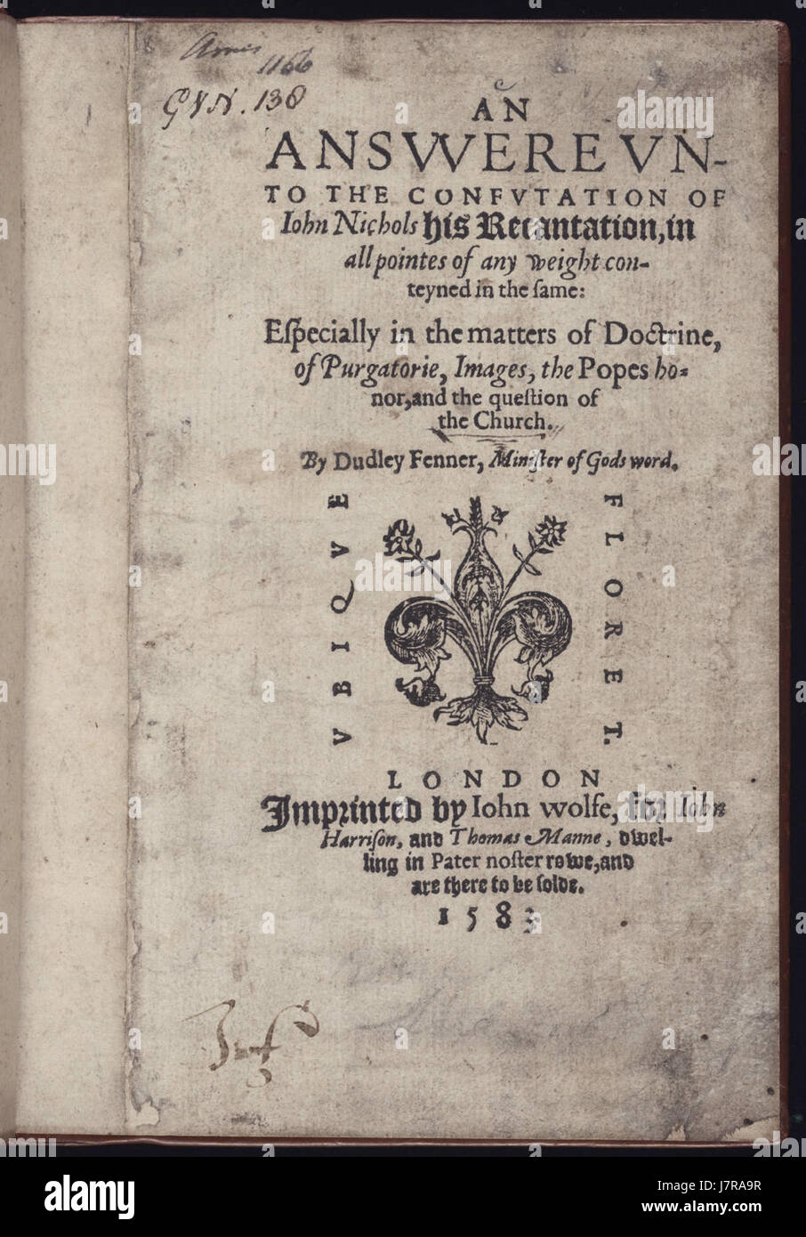 An Answere Unto the Confutation of John Nichols by Dudley Fenner Stock ...
