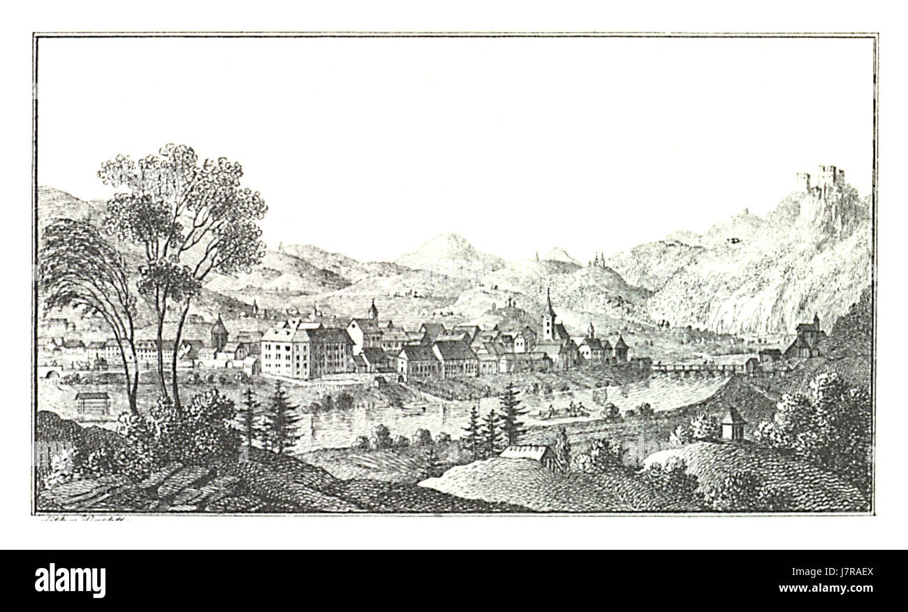 A lithograph from 1830 by J.F. Kaiser depicting views of Celje, a town ...