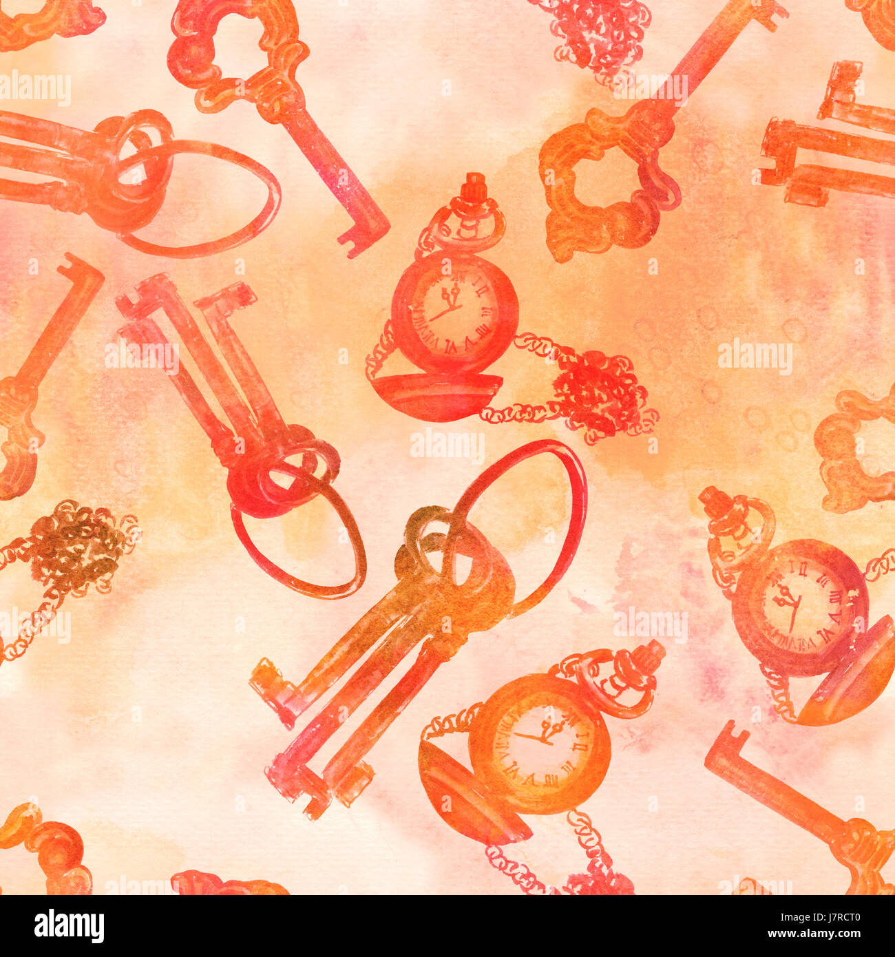 Seamless background pattern with watercolor drawings of vintage keys ...