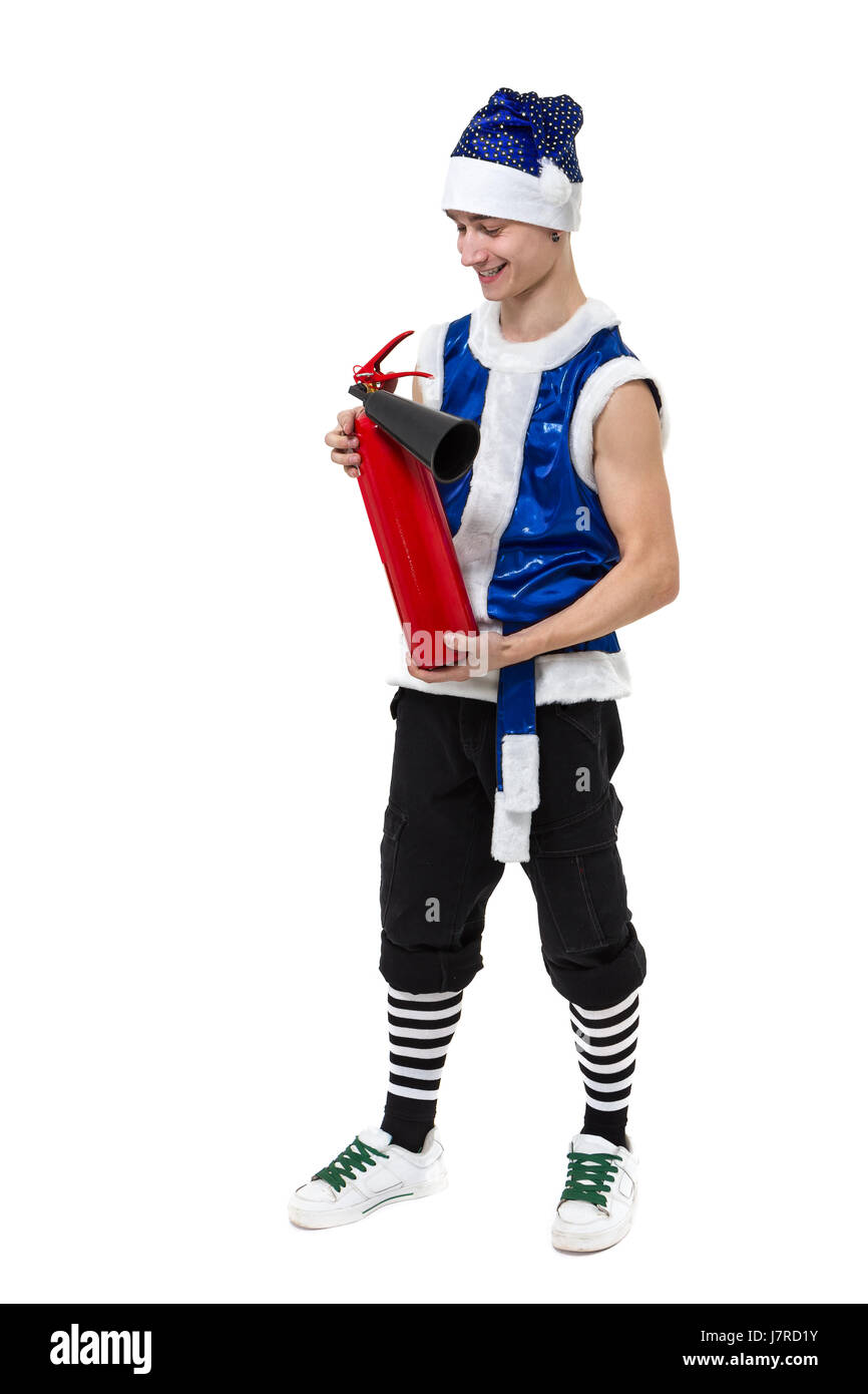Christmas man in blue santa clothes with fire extinguisher Stock Photo ...