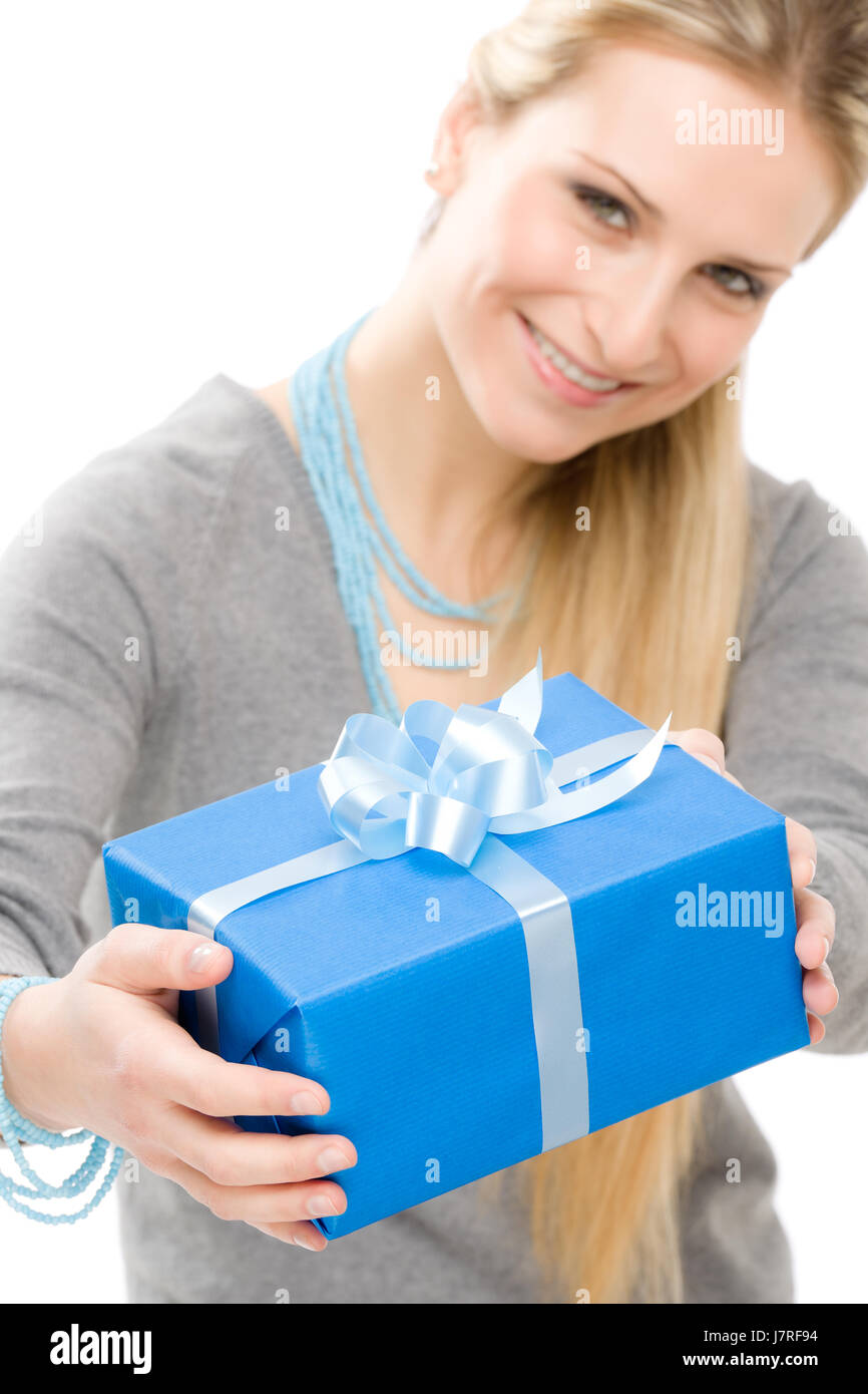 woman present party celebration hold delighted unambitious enthusiastic ...