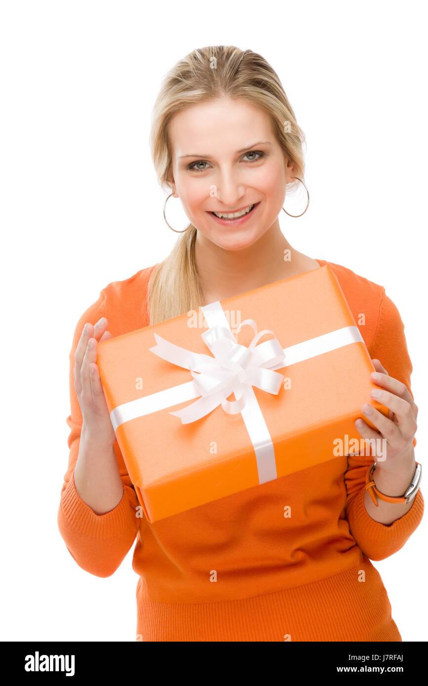 woman present party celebration hold delighted unambitious enthusiastic ...