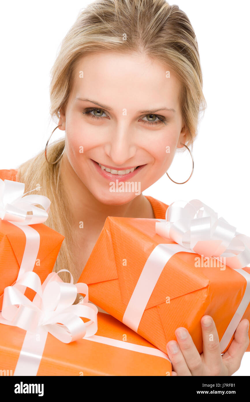 woman present party celebration hold delighted unambitious enthusiastic ...