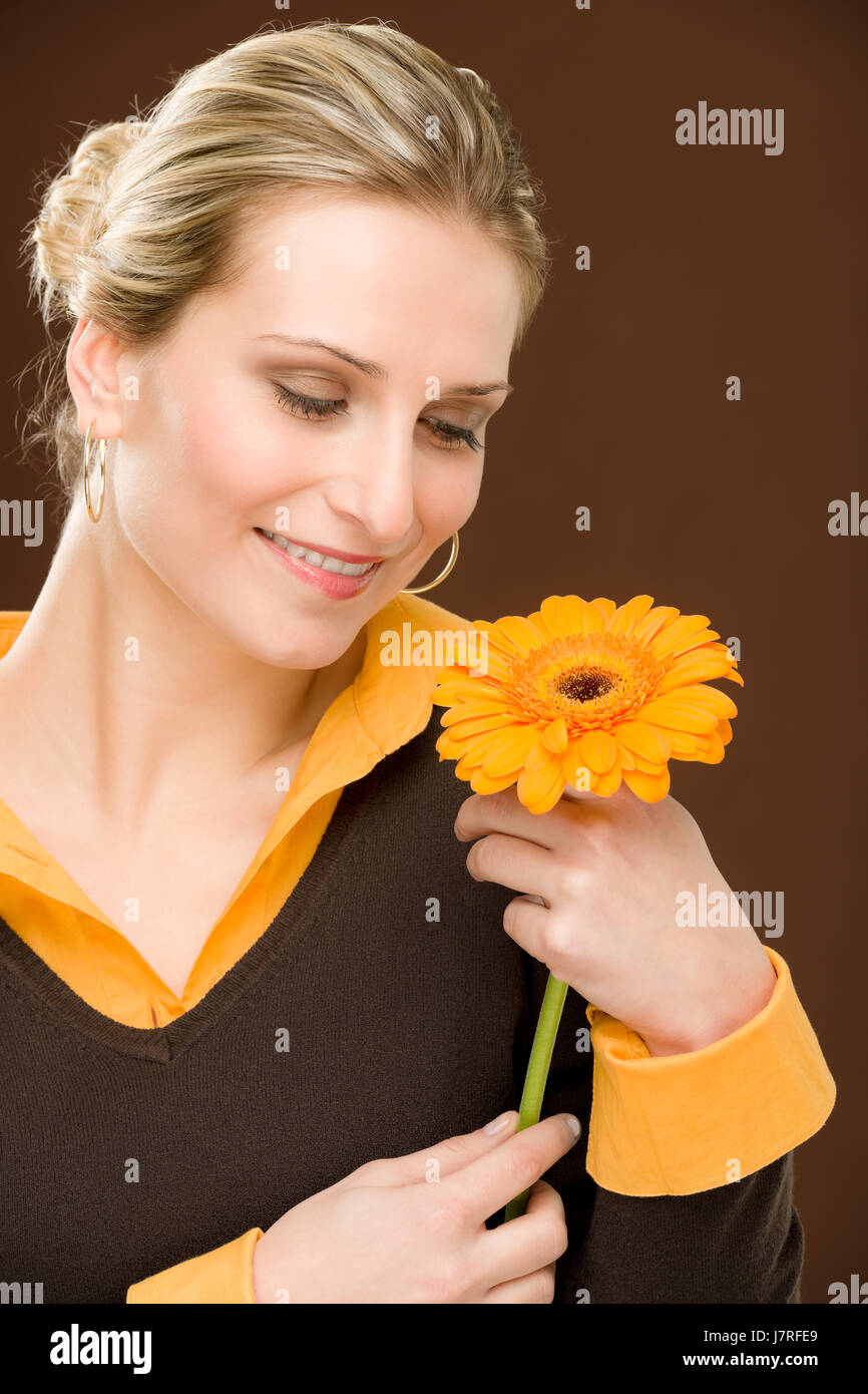 woman flower plant romantic hold gerbera daisy woman laugh laughs ...