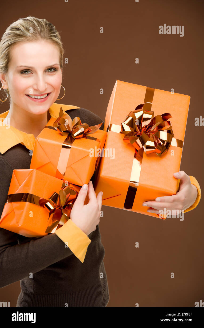 woman present party celebration hold delighted unambitious enthusiastic ...