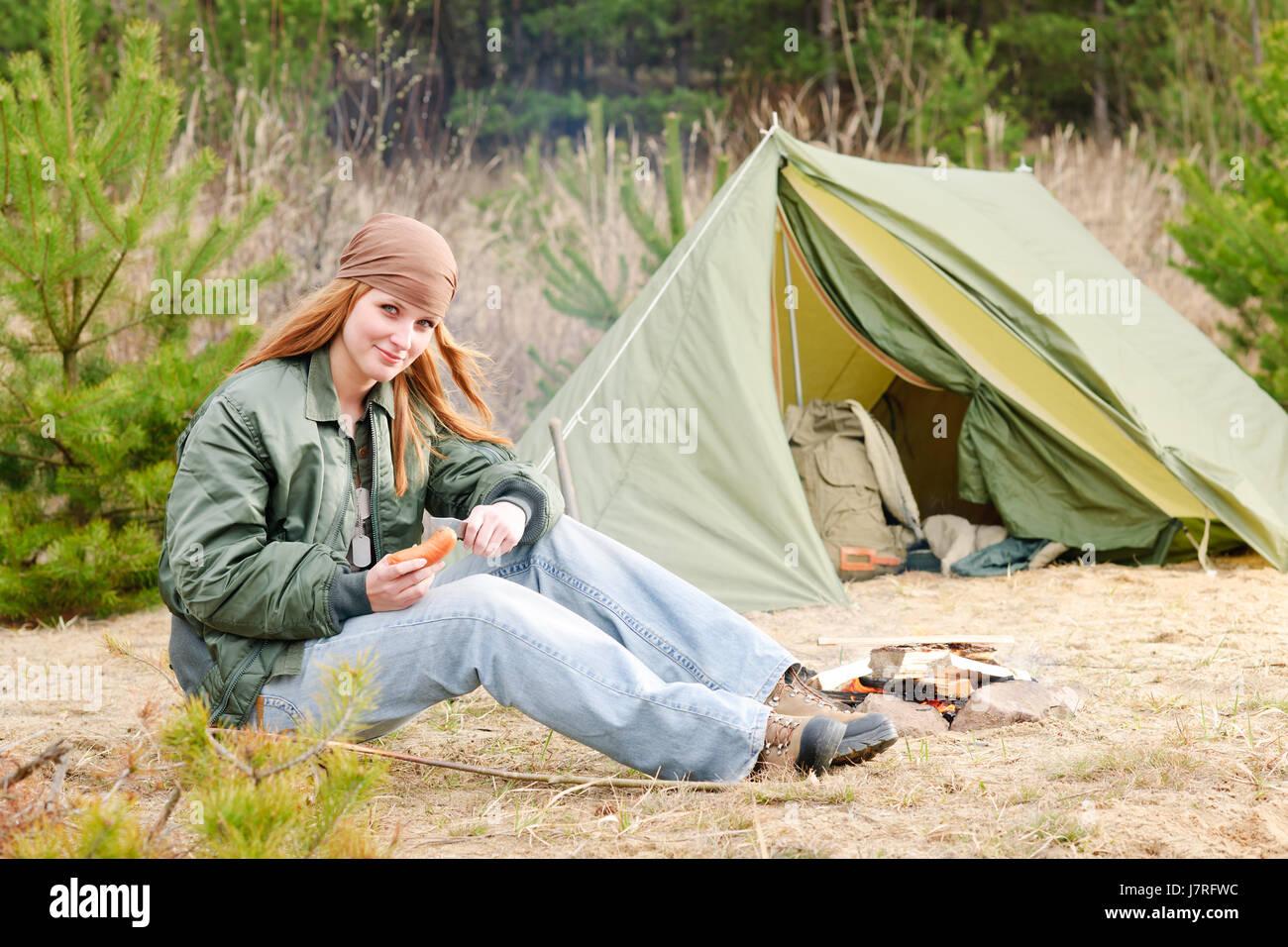 woman travel wood camping tent forest nature woman beautiful ...