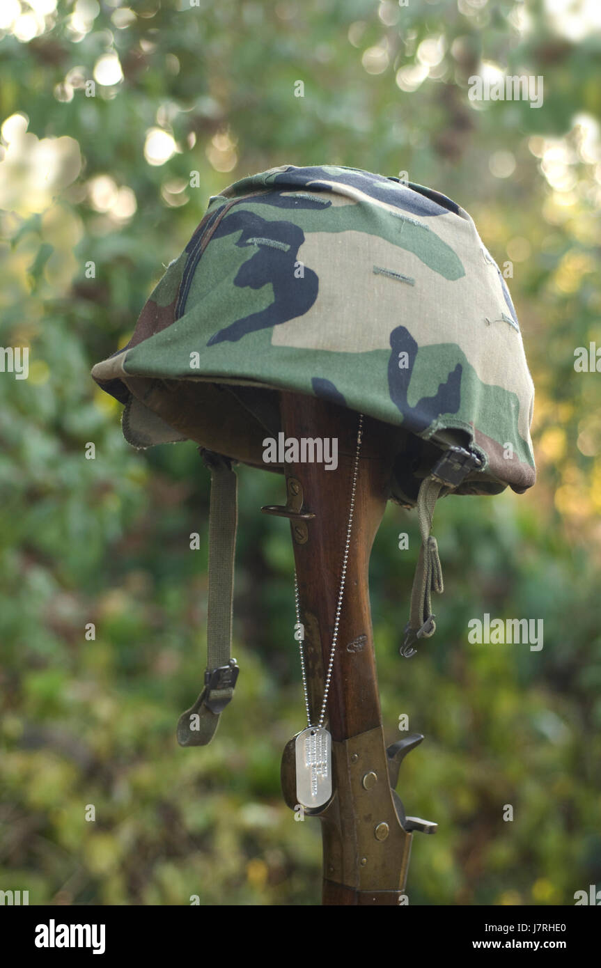 memorial outside rifle arm weapon helmet veteran dog tag memorial ...