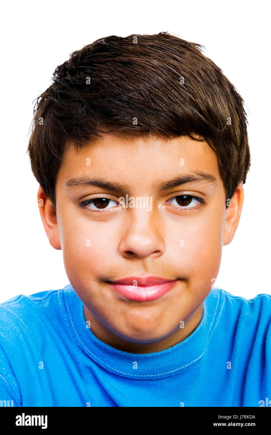 closeup portrait childhood boy lad male youngster blue isolated closeup ...