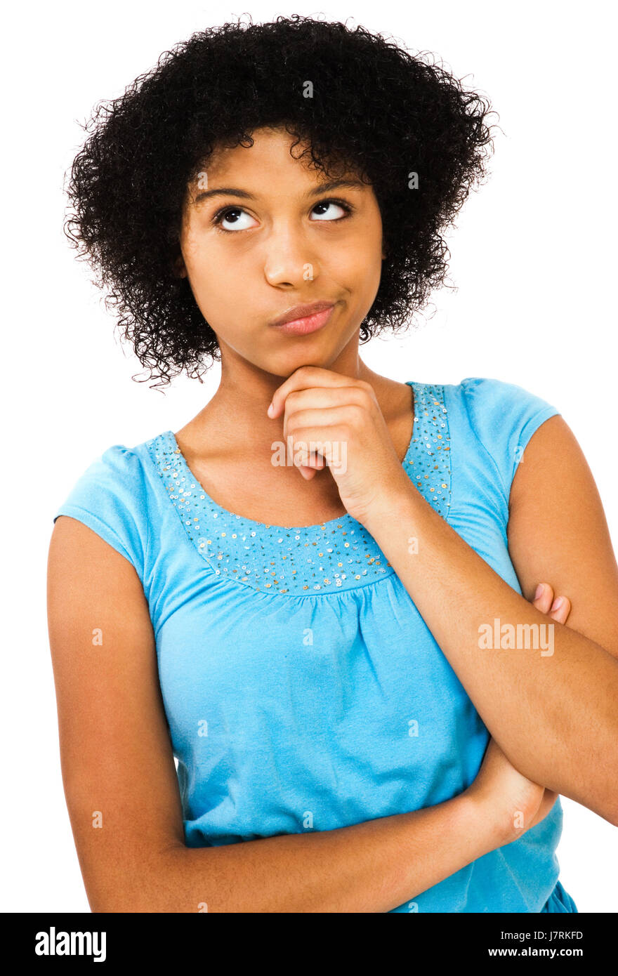 teenager contemplation thinking pondering girl girls blue hand isolated ...