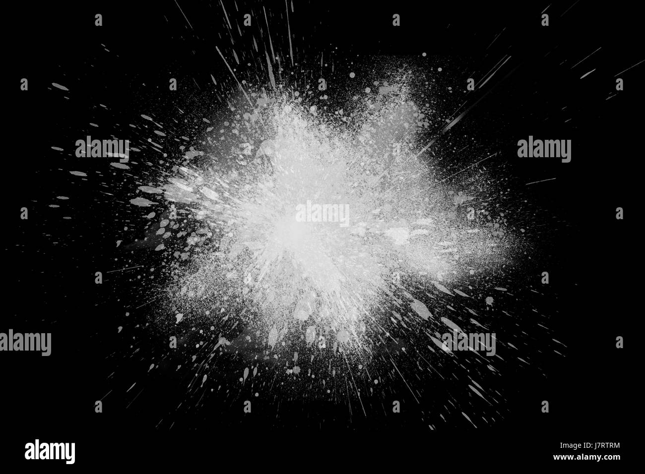 Freeze motion of white powder exploding, isolated on black, dark ...