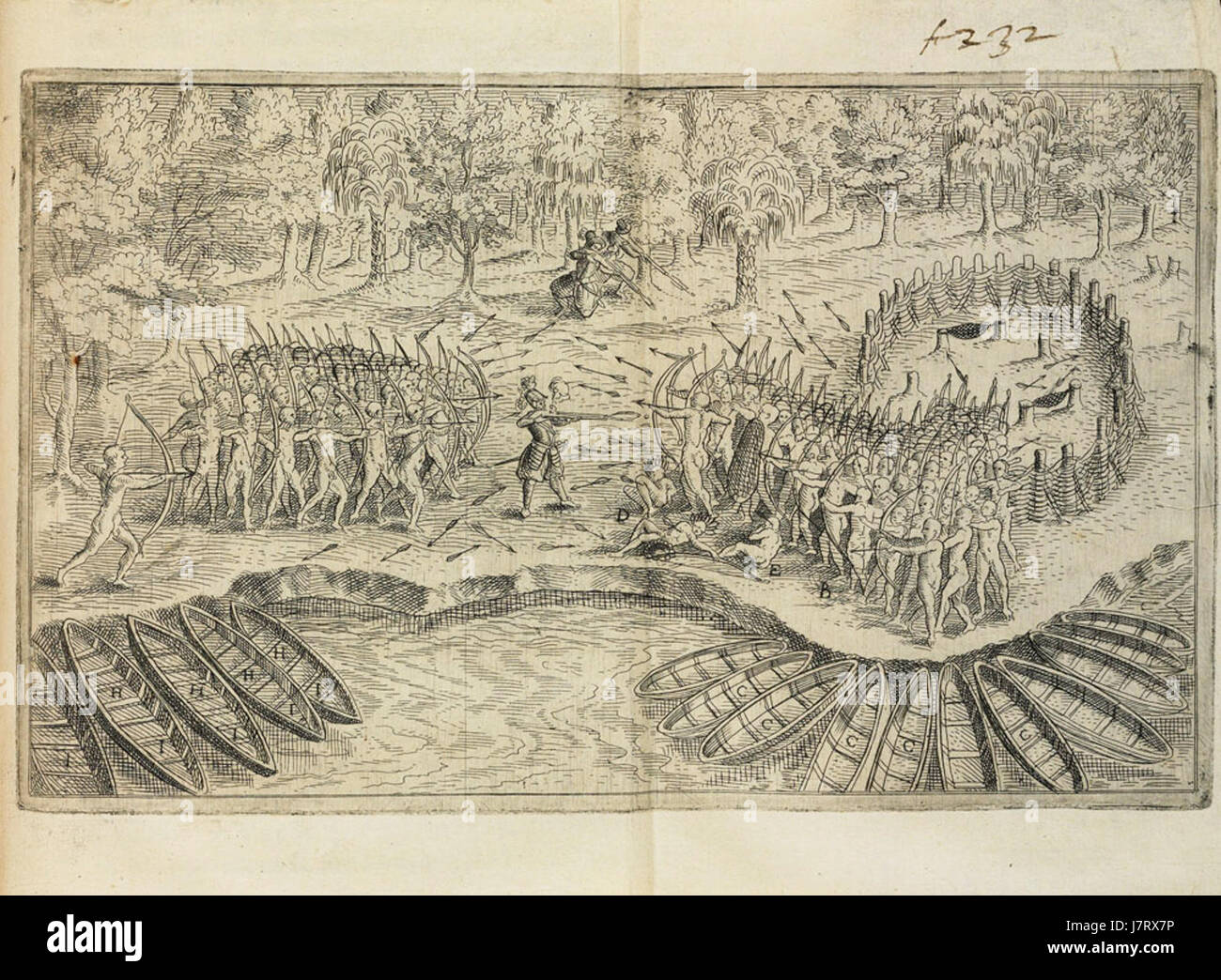 A historical painting depicting the defeat of the Iroquois at Lake ...