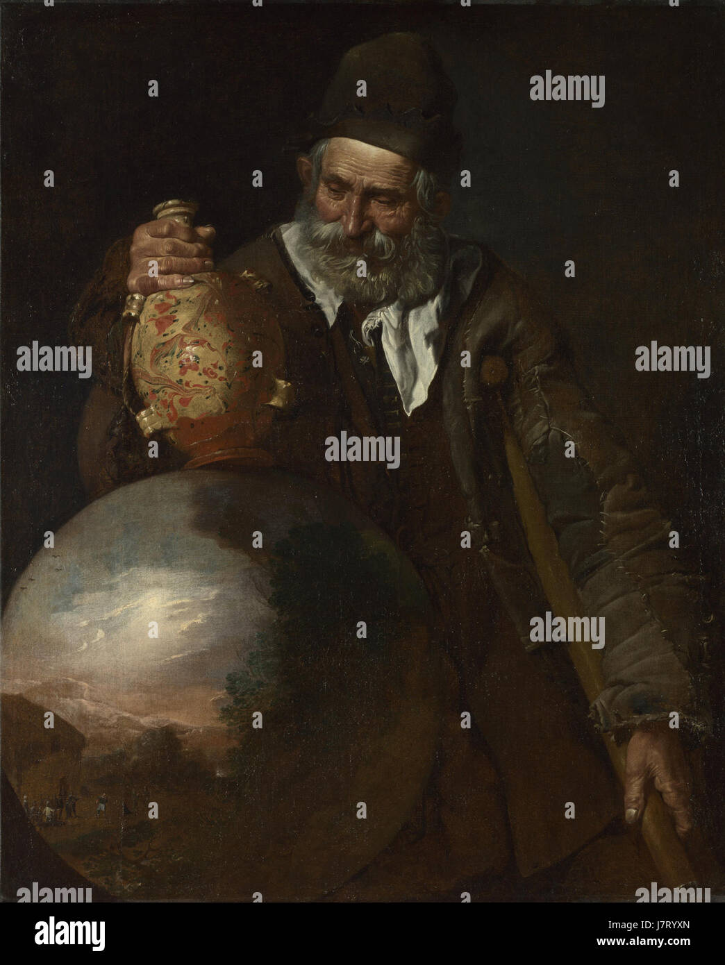 This image depicts an elderly man holding a pilgrim bottle, a ...