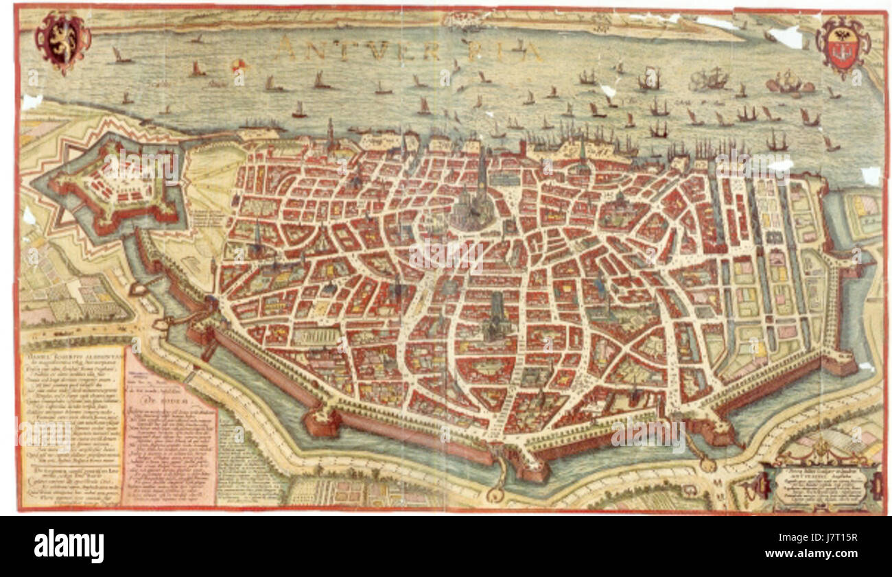 This refers to a 1598 image or map of the Antwerp harbor (Hoefn), a ...