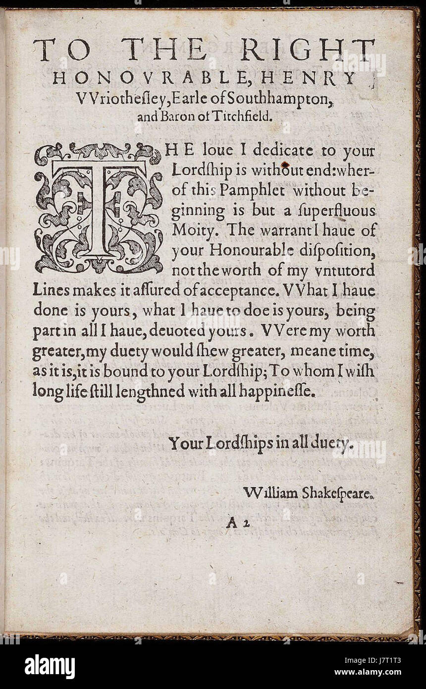 The dedication page of 'The Rape of Lucrece,' written by William ...
