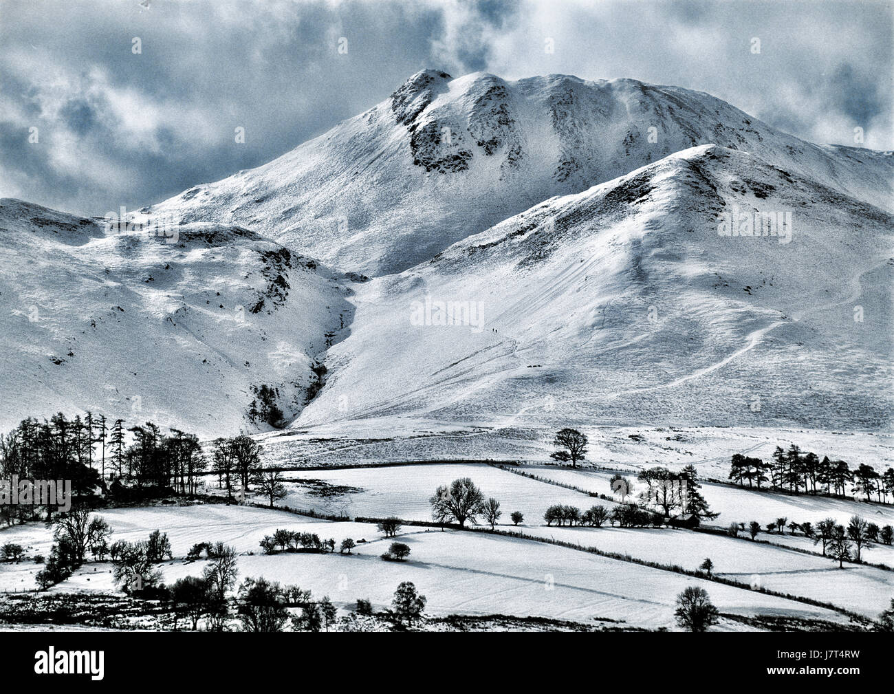 Snowy winter scene from Braithwaite How looking towards Causey Pike ...