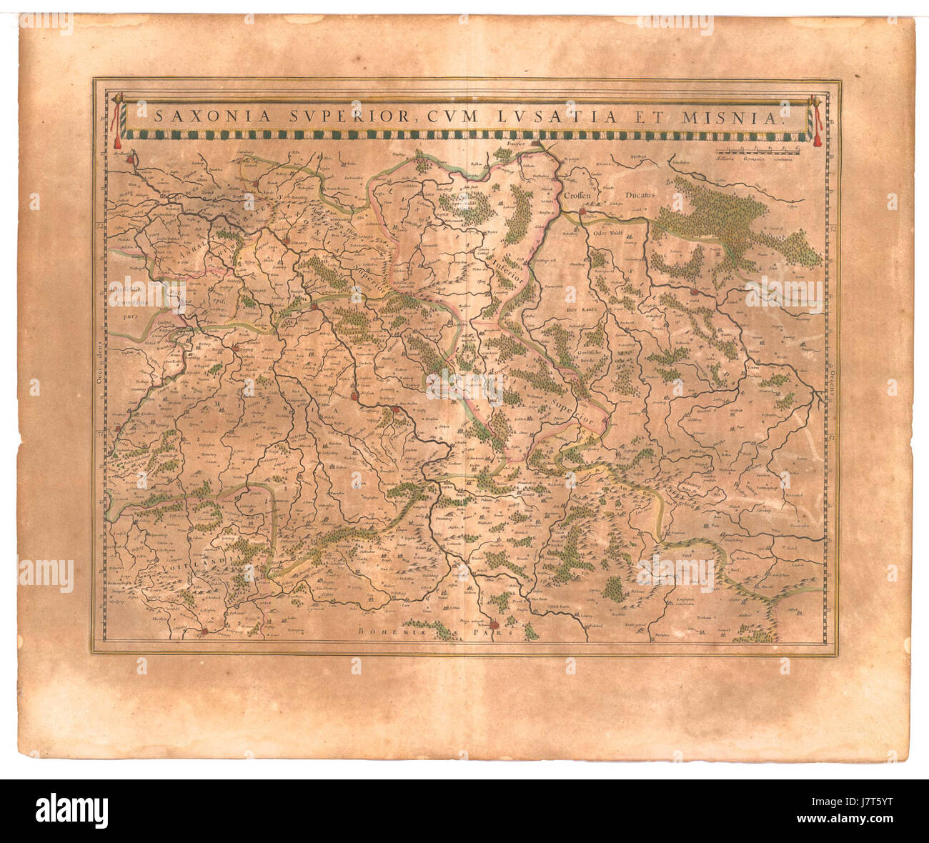 This map from Blaeu, dated 1645, depicts the regions of Saxonia Superior, Lusatia, and Misnia in ...