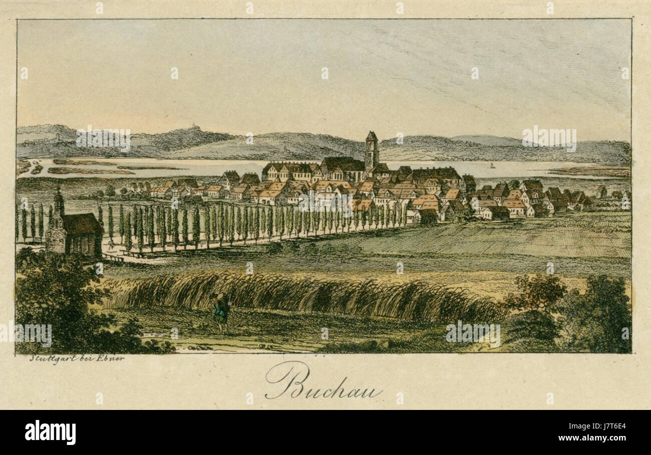 This image represents a 1820s scene from Buchau, an area known for its ...